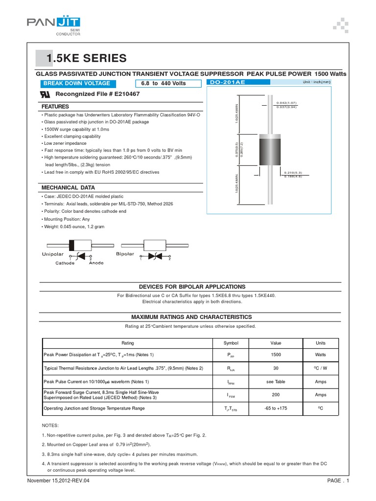1.5ke Series: Glass Passivated Junction Transient Voltage Suppressor ...