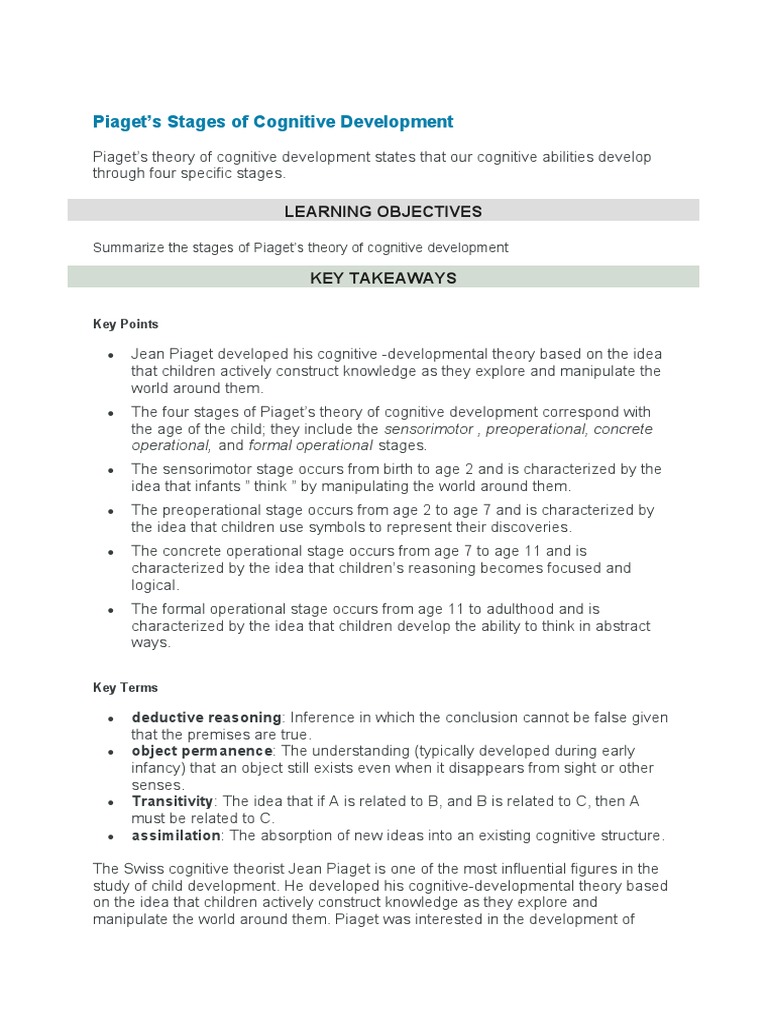 Piaget's Stages of Cognitive Development | PDF | Attachment Theory ...