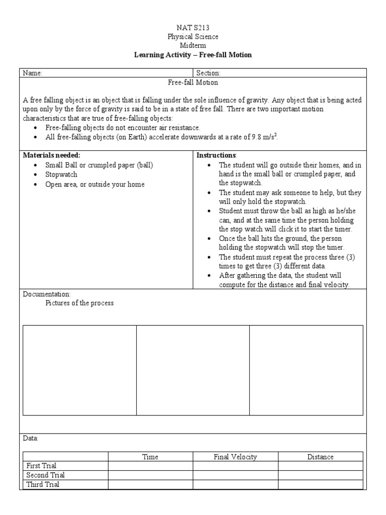 Free-Fall Motion Experiment Guide | PDF | Physics | Celestial Mechanics
