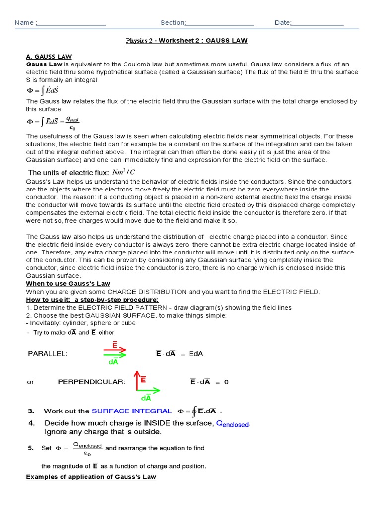 Gauss Law Worksheet and Examples | PDF | Electric Field | Sphere