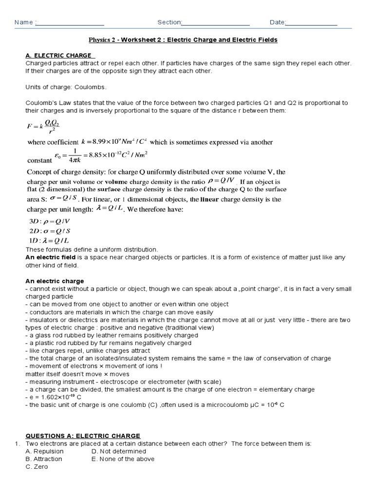 Gen Physics 2 - wORKSHEET 2 - Electric Charge and Electric Fields | PDF ...