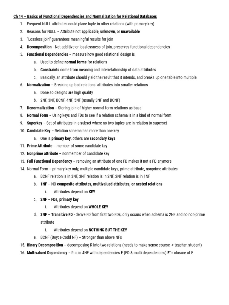 CH 14 - Basics of Functional Dependencies and Normalization For Relational Databases | PDF