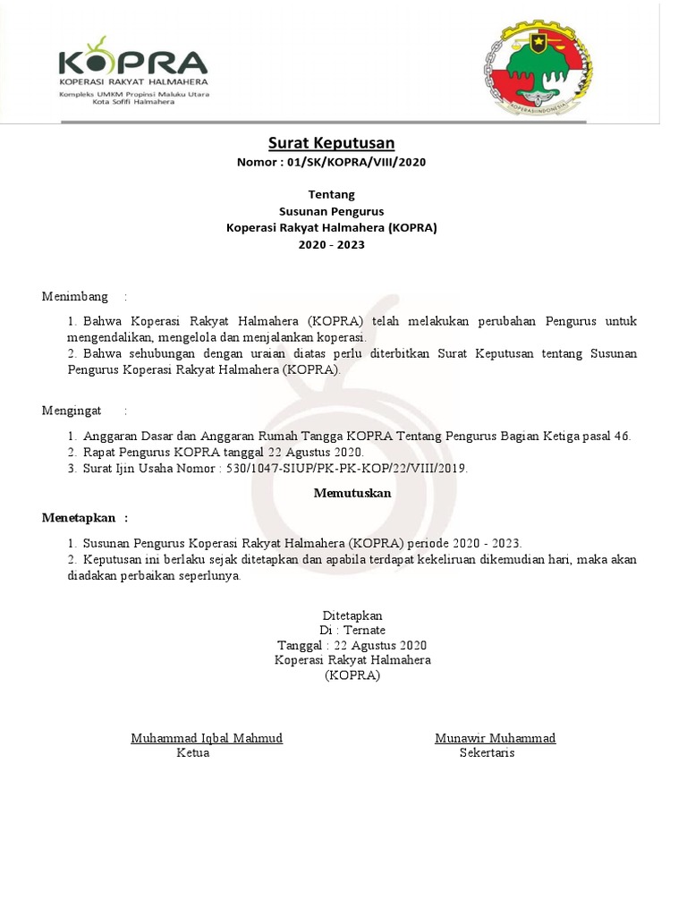 Surat Keputusan Pengurus KOPRA | PDF
