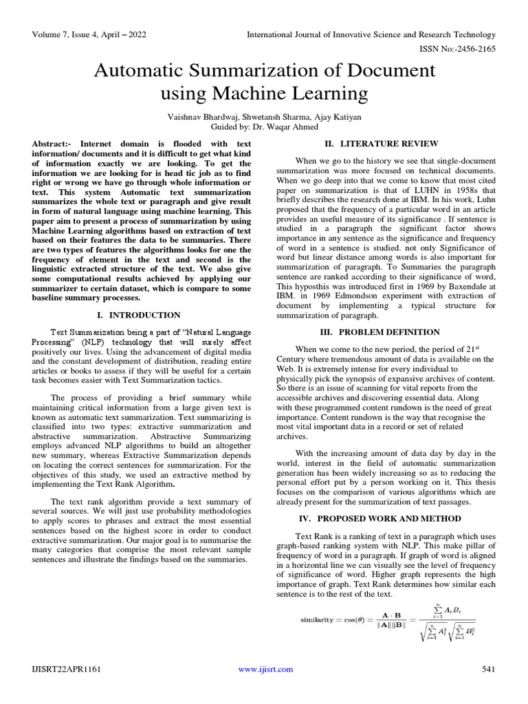 Automatic Summarization of Document Using Machine Learning | PDF ...