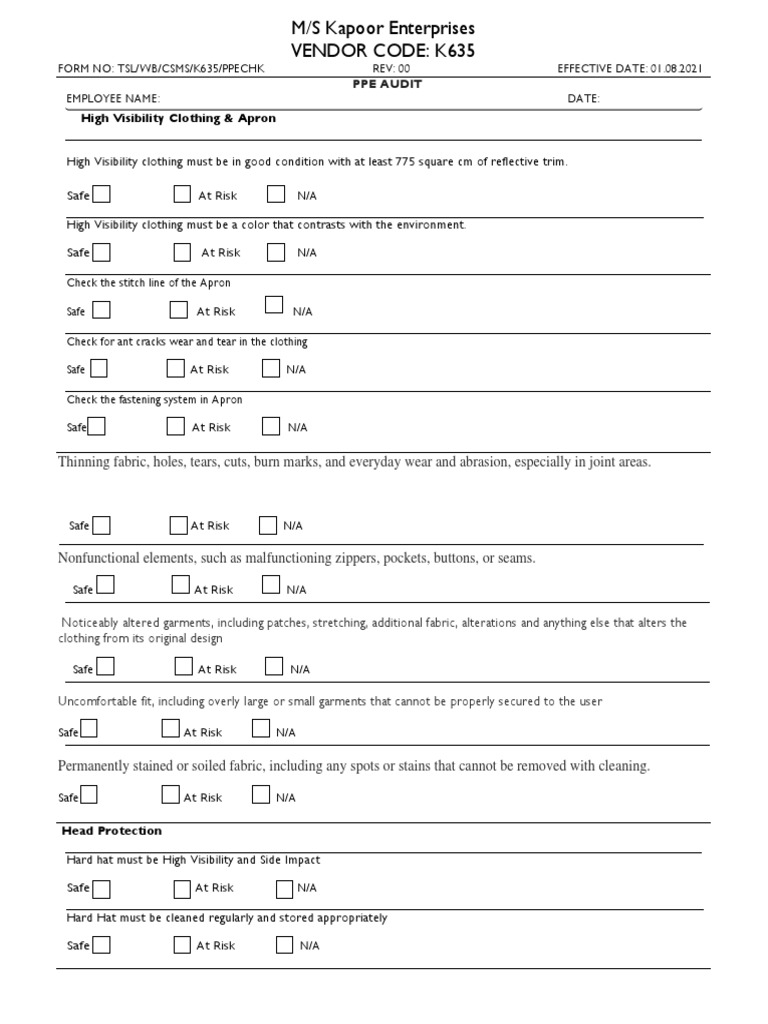 PPE Audit Checklist and FEEDBACK | PDF | Clothing | Personal Protective ...