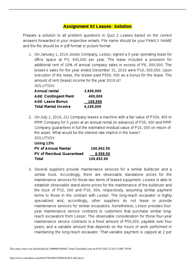 Assignment 02 Leases-Solution | PDF | Lease | Present Value