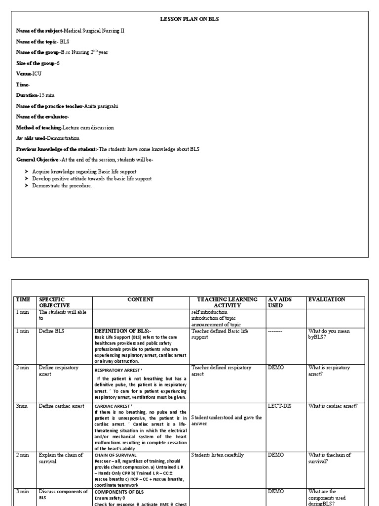 Lesson Plan On BLS | PDF | Cardiopulmonary Resuscitation | Medicine