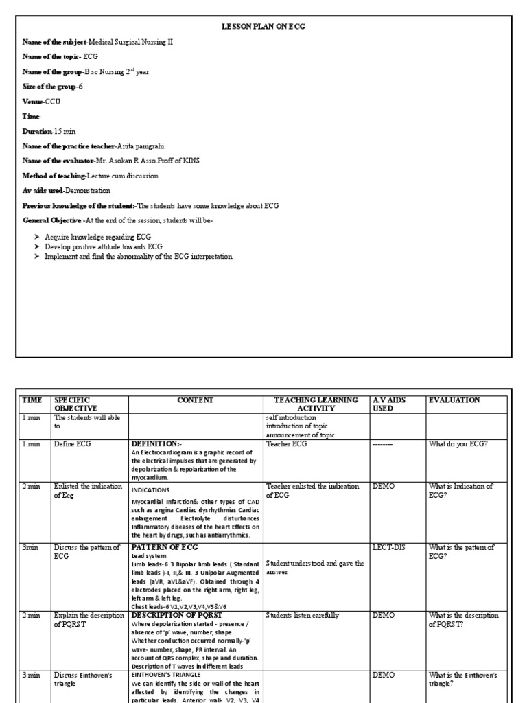 Lesson Plan On Ecg | PDF | Electrocardiography | Clinical Medicine