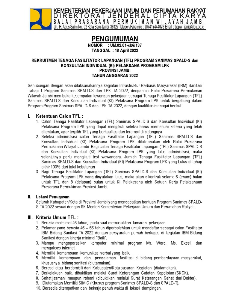 Pengumuman Loker TFL Sandes 2022 OK | PDF