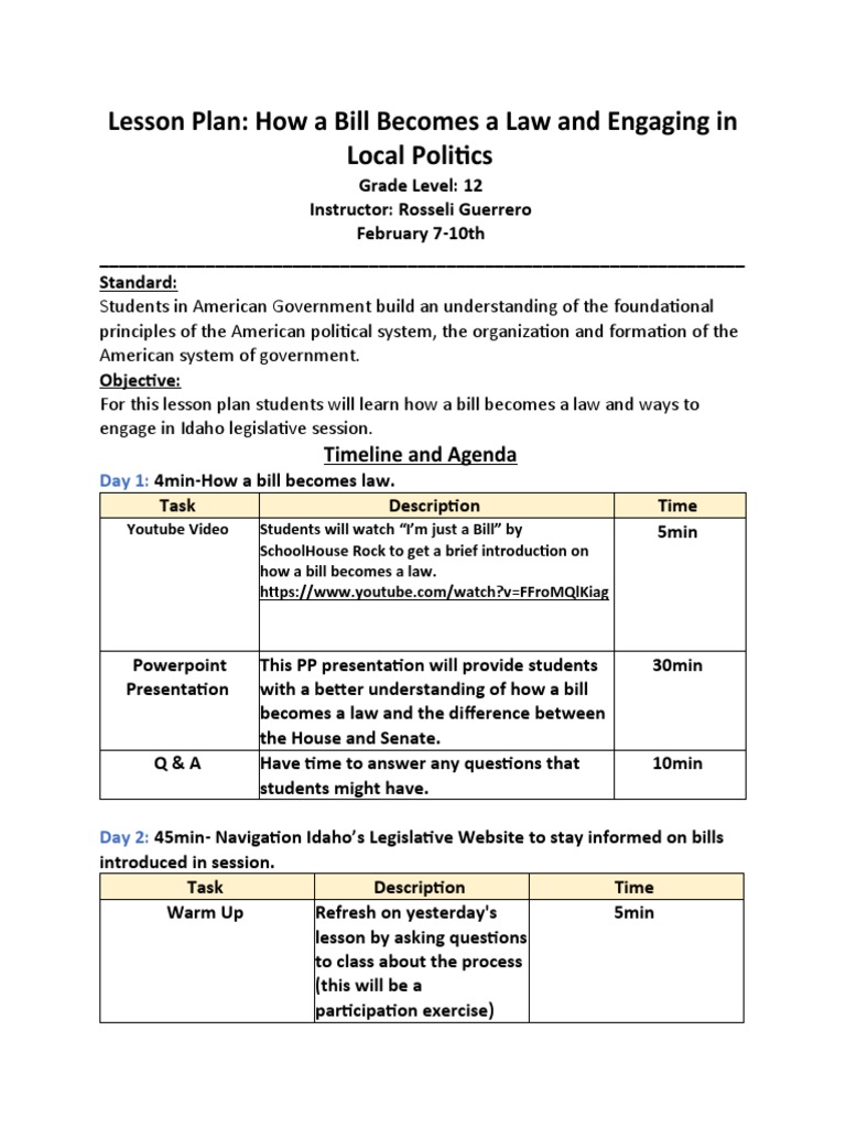 Lesson Plan: How A Bill Becomes A Law and Engaging in Local Politics ...
