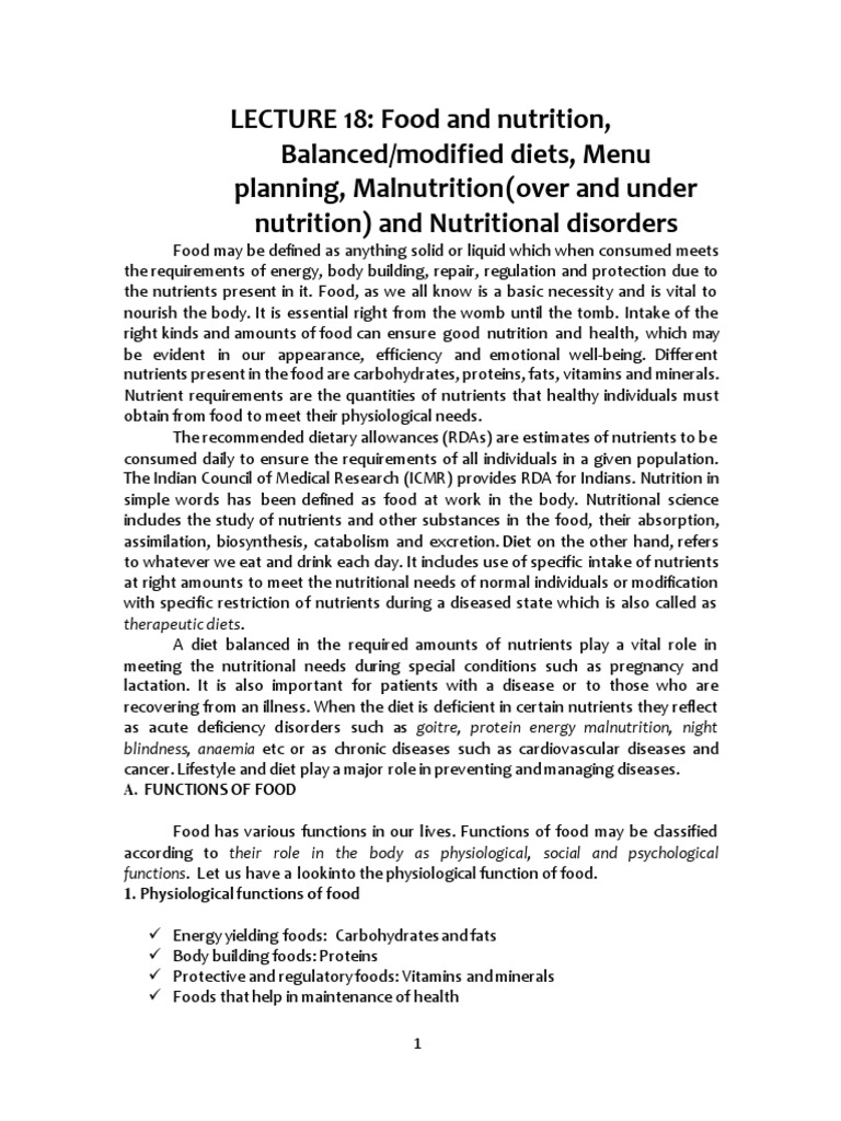 LECTURE 18: Food and Nutrition, Balanced/modified Diets, Menu Planning ...