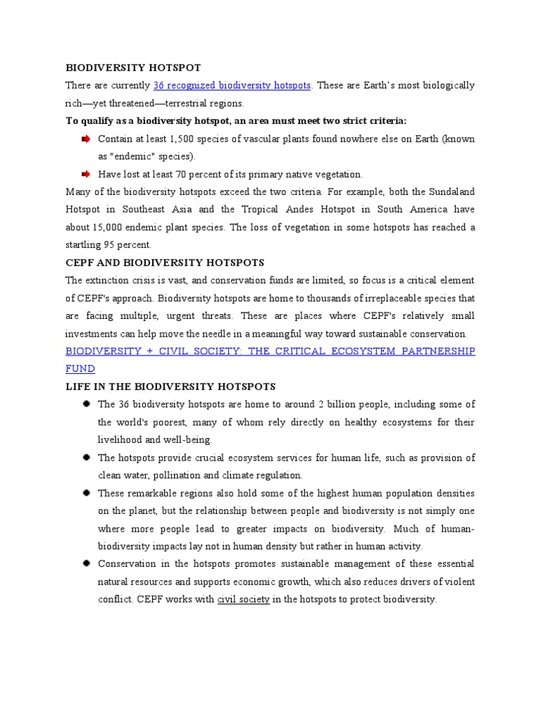 36 Recognized Biodiversity Hotspots | PDF | Biodiversity | Endangered ...