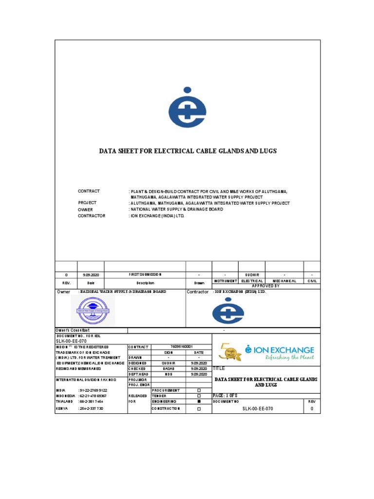 Data Sheet For Cable Glands and Lugs | PDF | Electrical Engineering ...