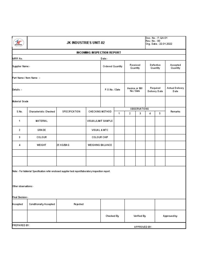 Incoming Raw Material Insp. Report JK | PDF
