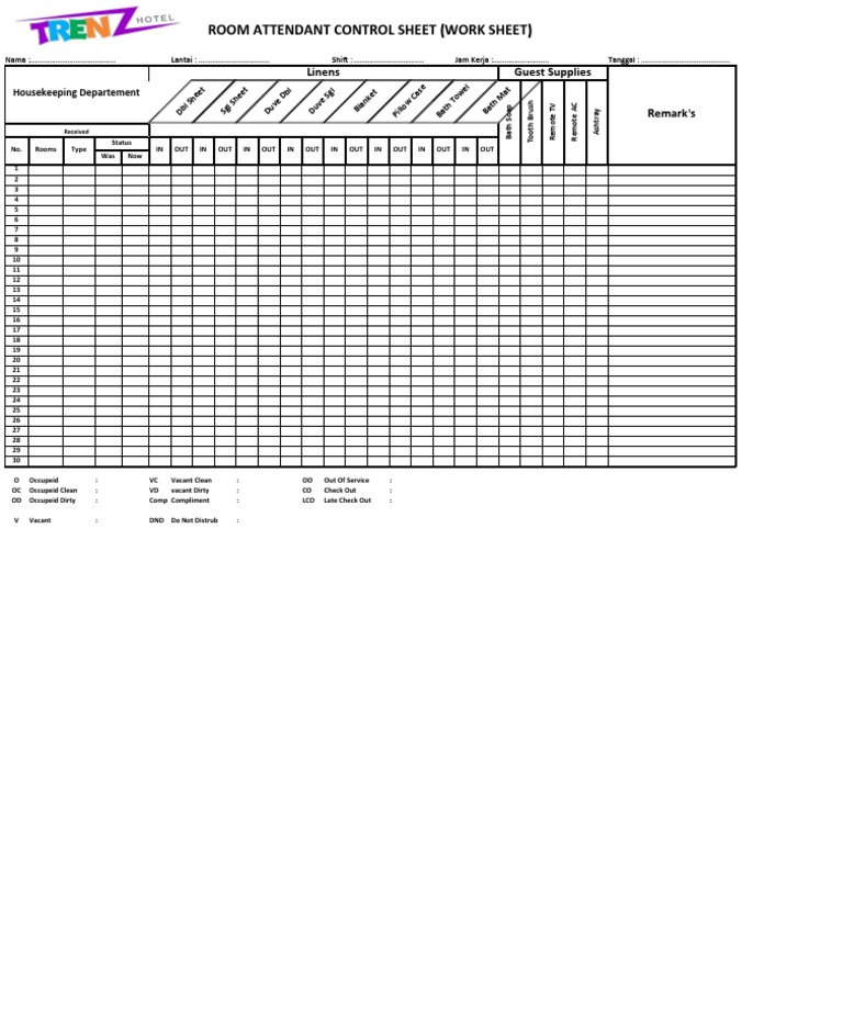 Room Attendant Control Sheet (Work Sheet) : Linens Guest Supplies ...