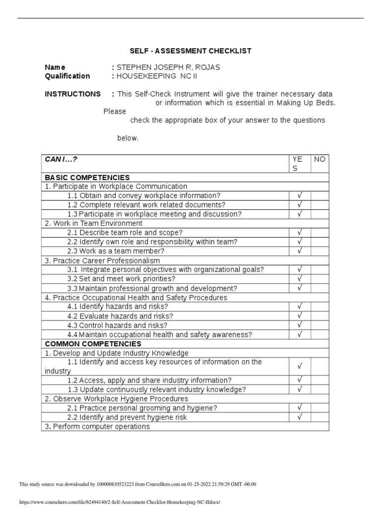 Housekeeping NC II Self-Assessment Checklist | PDF | Laundry | Risk