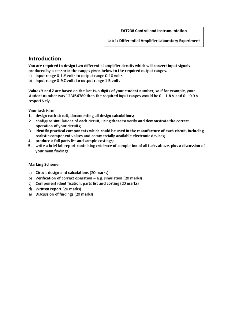 EAT238 Control and Instrumentation Lab 1: Differential Amplifier Laboratory Experiment ...