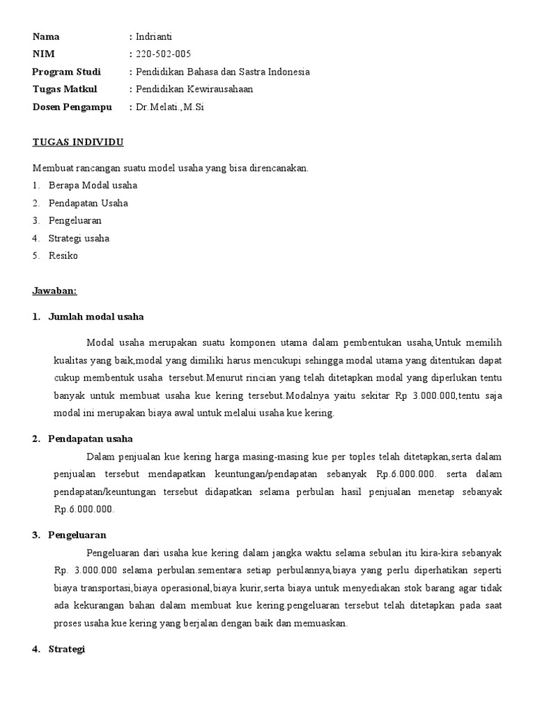 Tugas Individu Mata Kuliah Pendidikan Kewirausahaan Indrianti | PDF