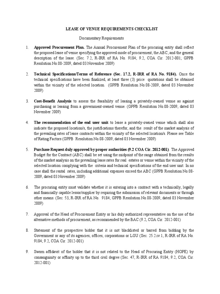 Checklist For Lease of Venue | PDF | Procurement | Business