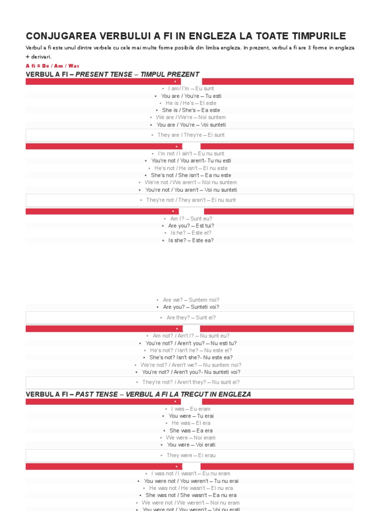 Conjugarea Verbului A Fi in Engleza La Toate Timpurile | PDF | Grammar | Language Mechanics