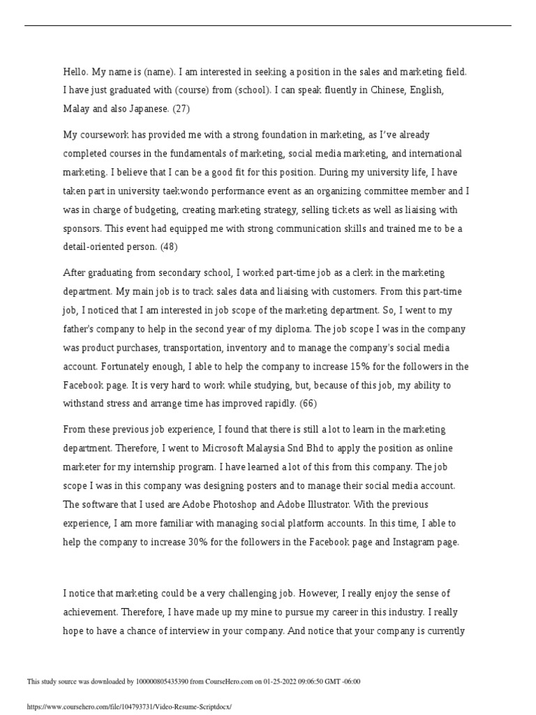 Video Resume Script | PDF | Marketing | Social Media