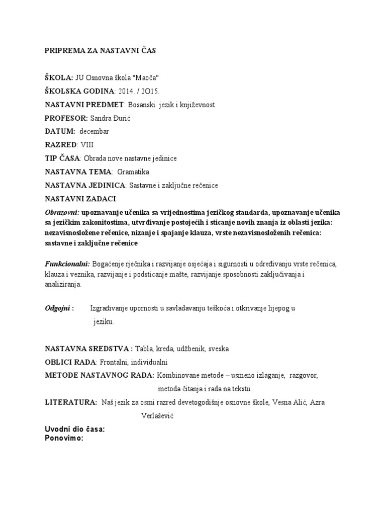 PRIPREMA ZA NASTAVNI ČAS VIII Sastavne I Zakljucne Recenice | PDF
