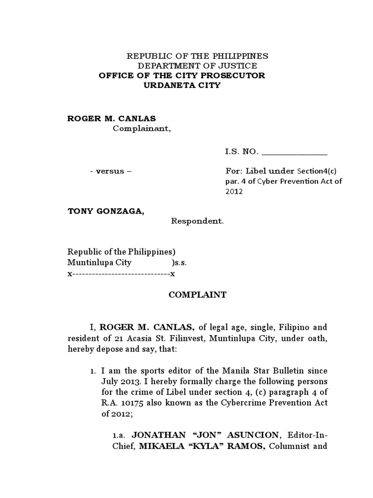 Sample Affidavit Complaint For E Libel | PDF | Defamation | Affidavit