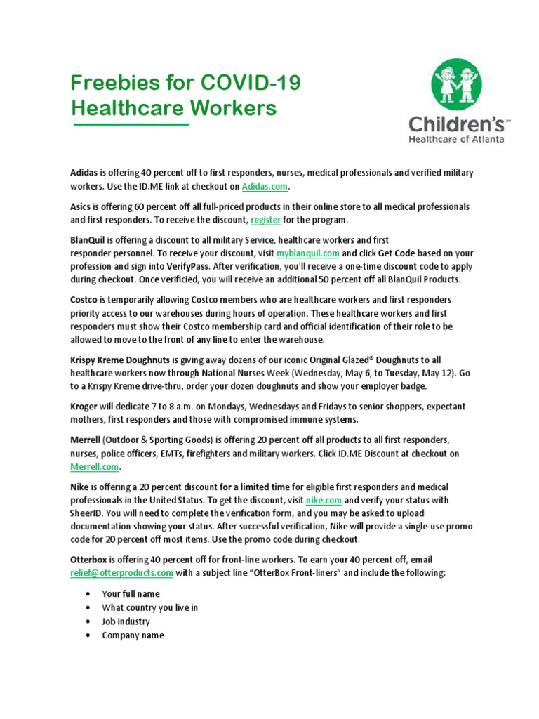 Freebies For COVID-19 Healthcare Workers | PDF | Service Industries