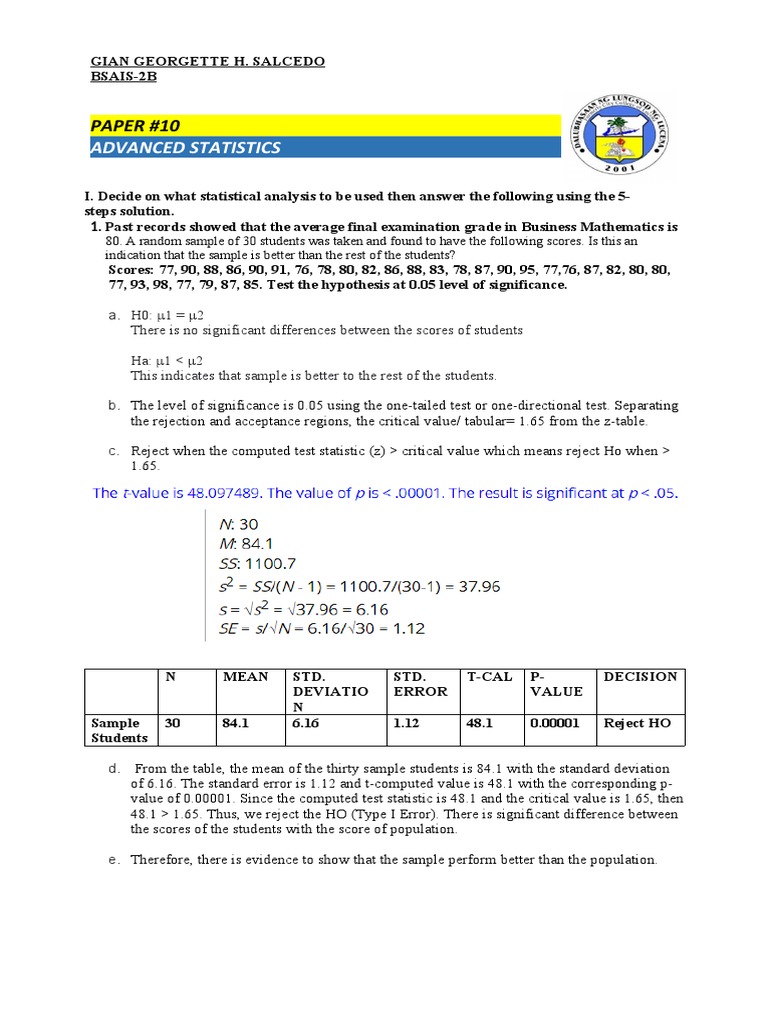 Advanced Statistics: PAPER #10 | Download Free PDF | Statistical ...