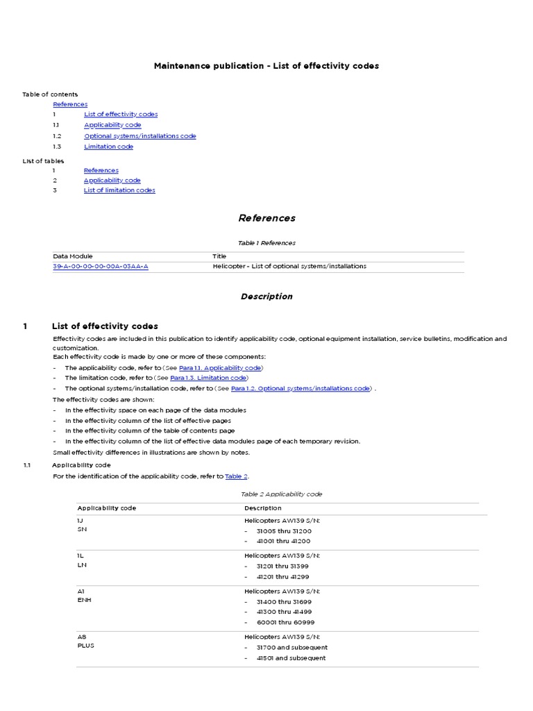 AW139 AMP Effectivity Codes | PDF | Helicopter | Aviation