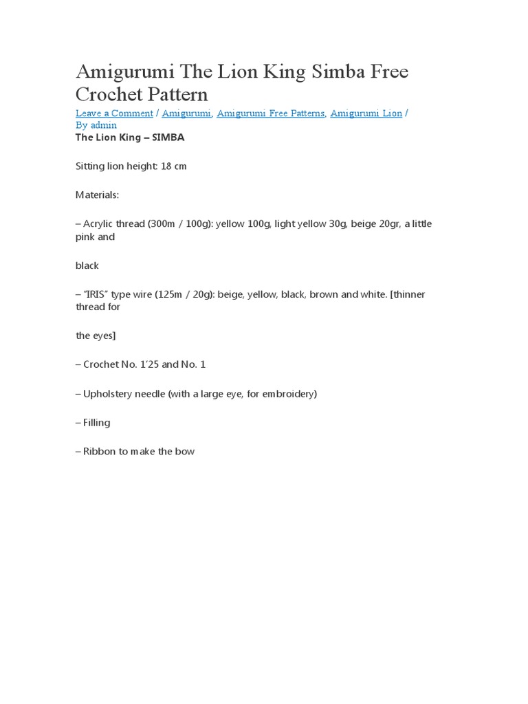 Amigurumi The Lion King Simba Free Crochet Pattern | PDF | Yarn | Knitting