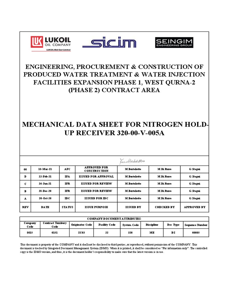 Mechanical Data Sheet For Nitrogen Hold-UP RECEIVER 320-00-V-005A | PDF ...