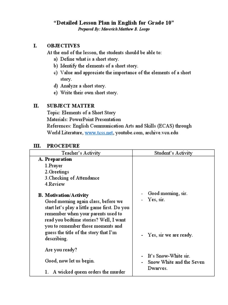 Grade 10 Short Story Elements Lesson | PDF | Narration