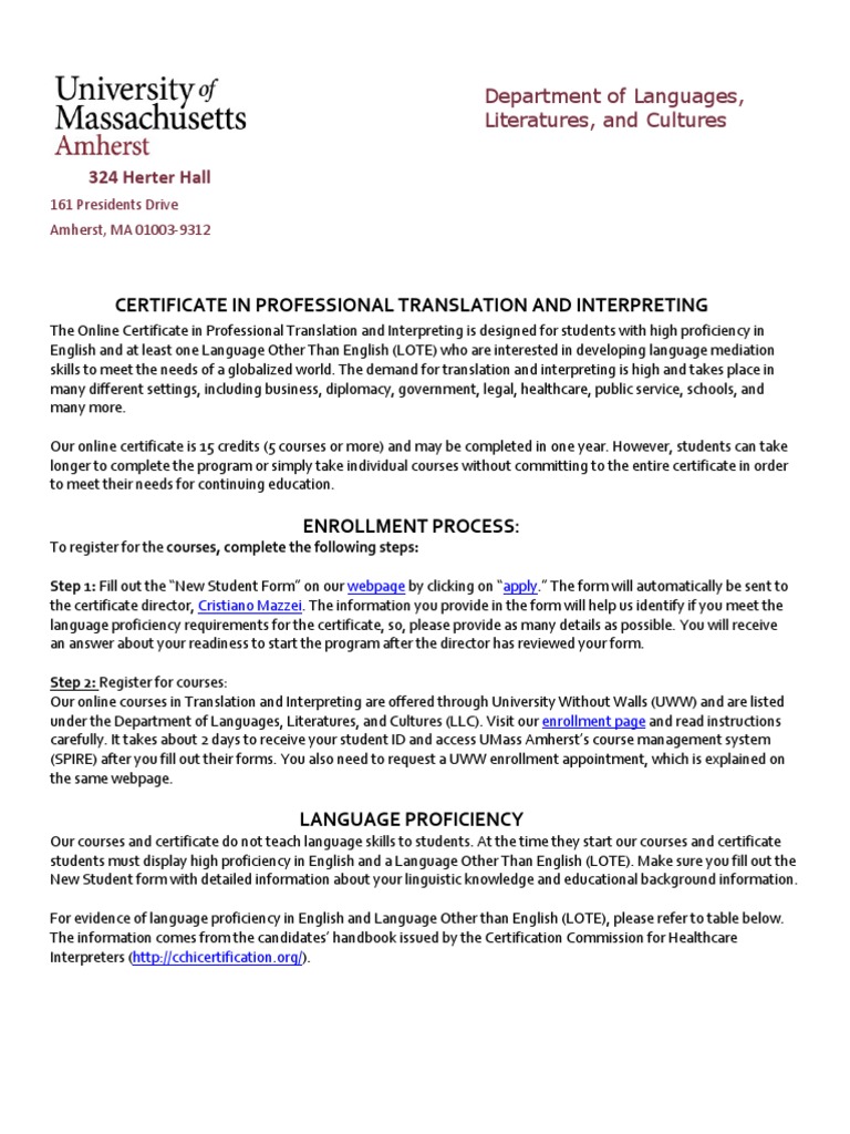 324 Herter Hall: Certificate in Professional Translation and Interpreting | PDF | Language ...
