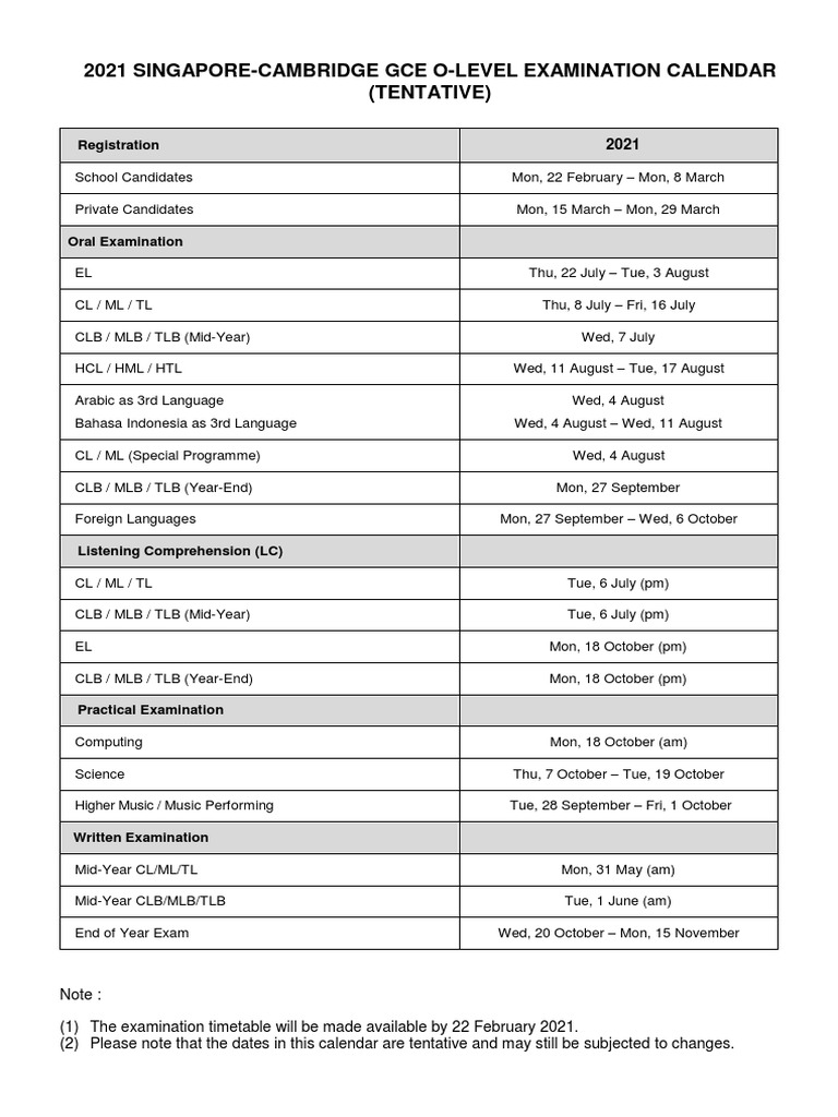 2021 GCE O-Level Exam Schedule | PDF