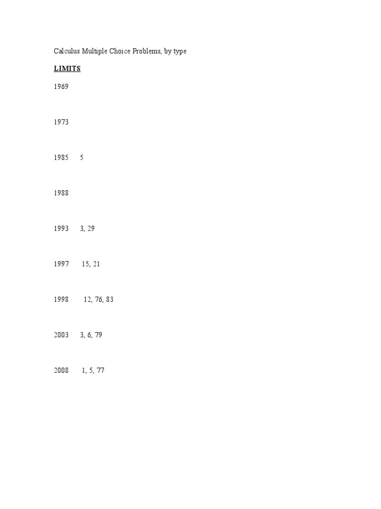 Limits: Calculus Multiple Choice Problems, by Type | PDF | Derivative ...