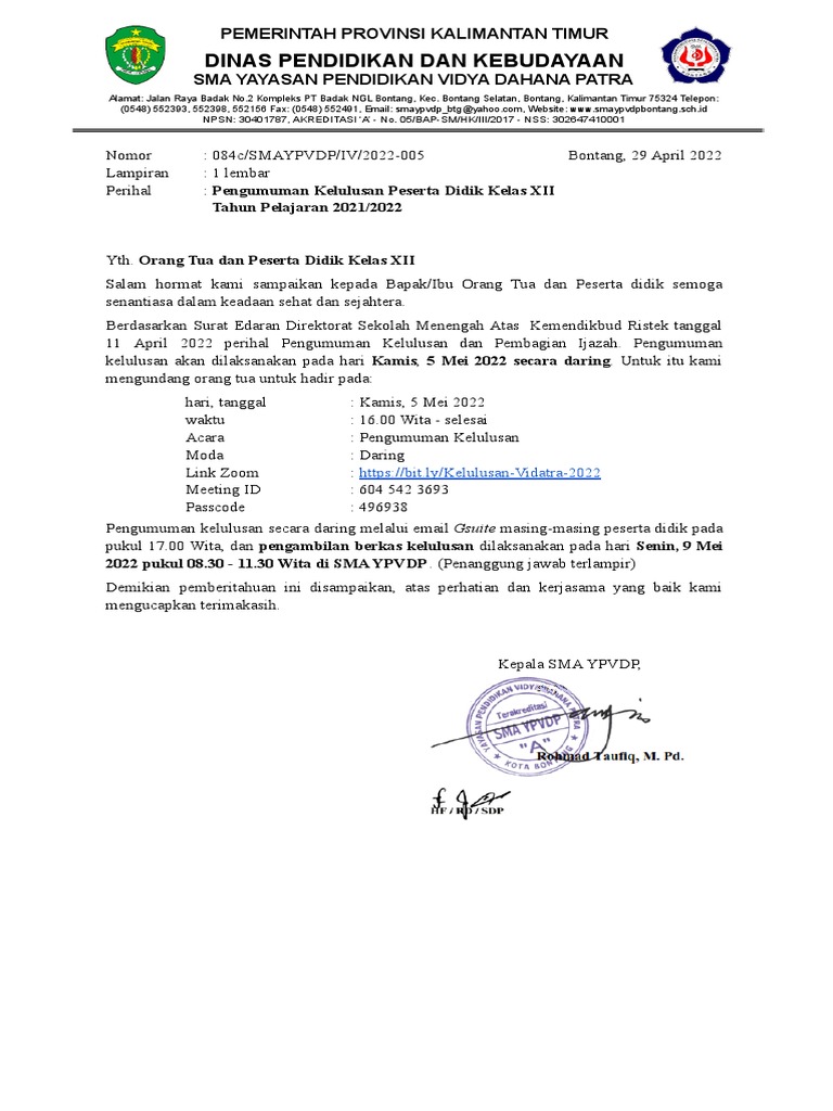 Undangan Kelulusan Tahun 2021 - 2022 | PDF