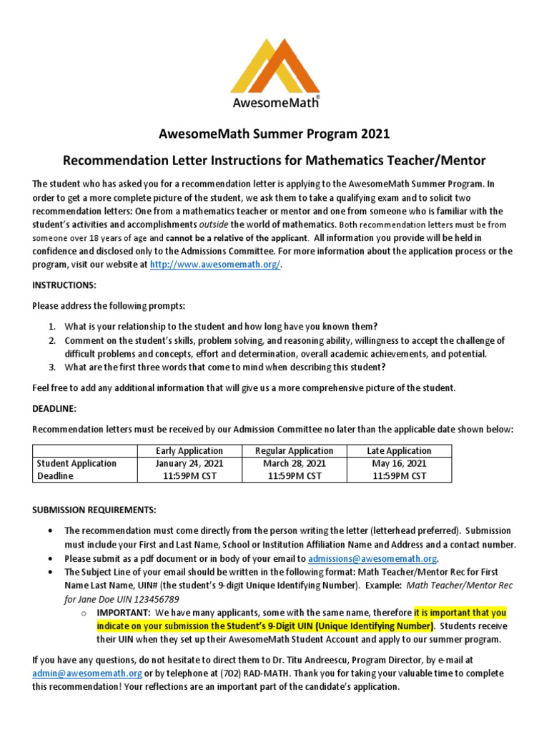 Math Teacher Rec Letter Guide 2021 | PDF | Mentorship | Mathematics