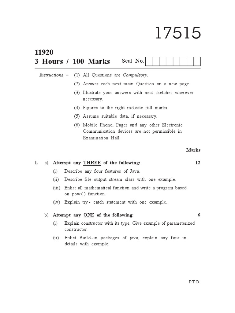 3 Hours / 100 Marks: Seat No | PDF | Java (Programming Language ...