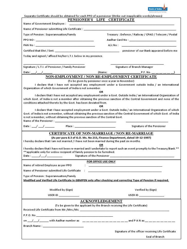 Life Certificate Form for Pensioners | PDF | Pension