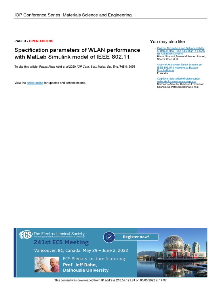 Specification Parameters Of Wlan Performance With Matlab Simulink Model Of Ieee 802 11 Pdf