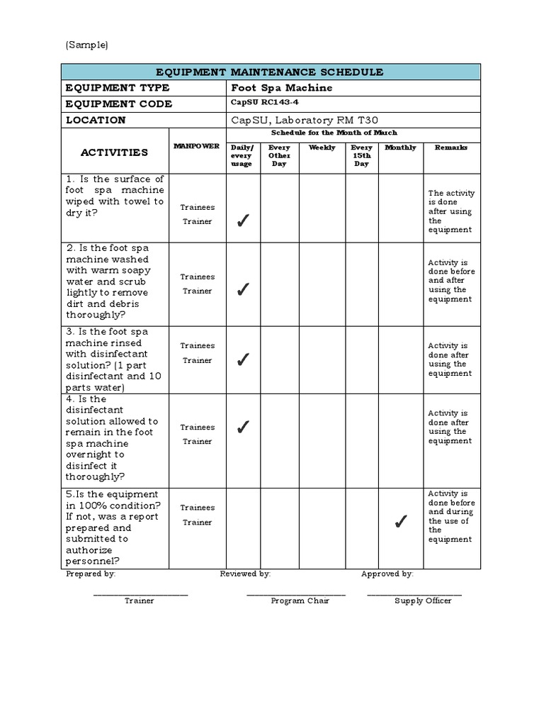 Equipment Maintenance Schedule | PDF | Hygiene