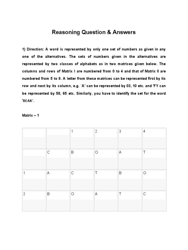 Reasoning Question & Answers: Beak' | PDF | Matrix (Mathematics ...