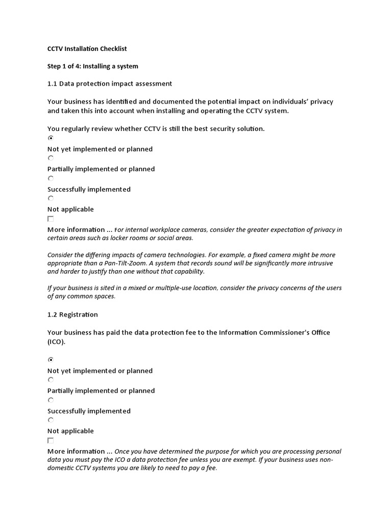 CCTV Installation Compliance Checklist | PDF | Closed Circuit ...