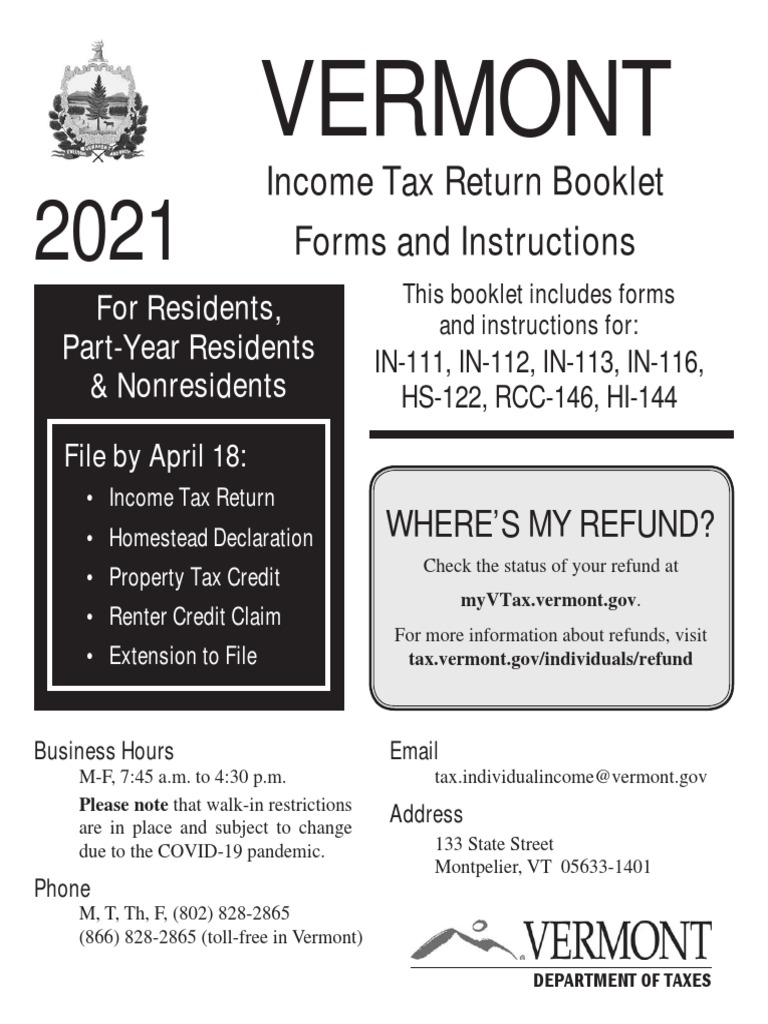 Vermont: Income Tax Return Booklet Forms and Instructions | Download ...