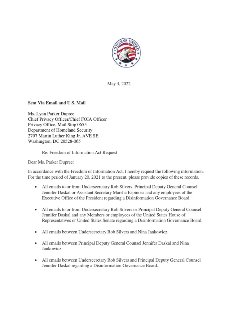 CU DHS FOIA Request (Disinformation Governance Board) | PDF