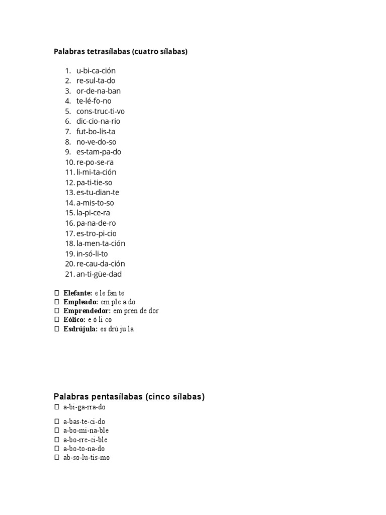 Palabras Tetrasílabas | PDF