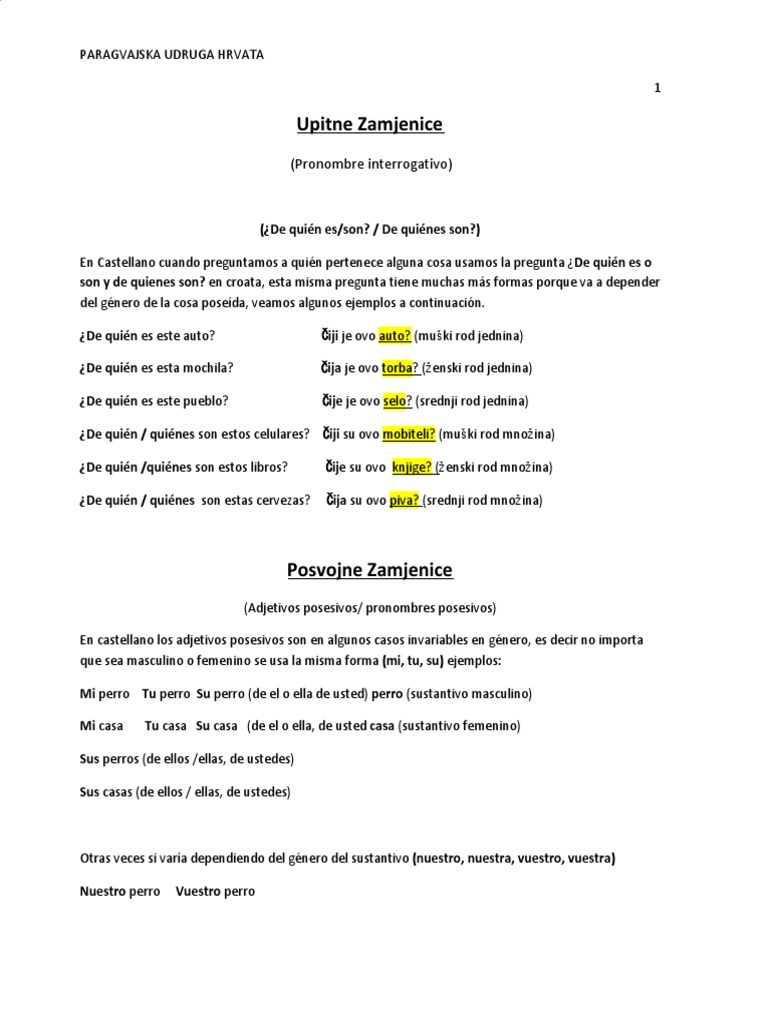 Vocabulario y Pronombres en Croata | PDF | Adjetivo | Plural