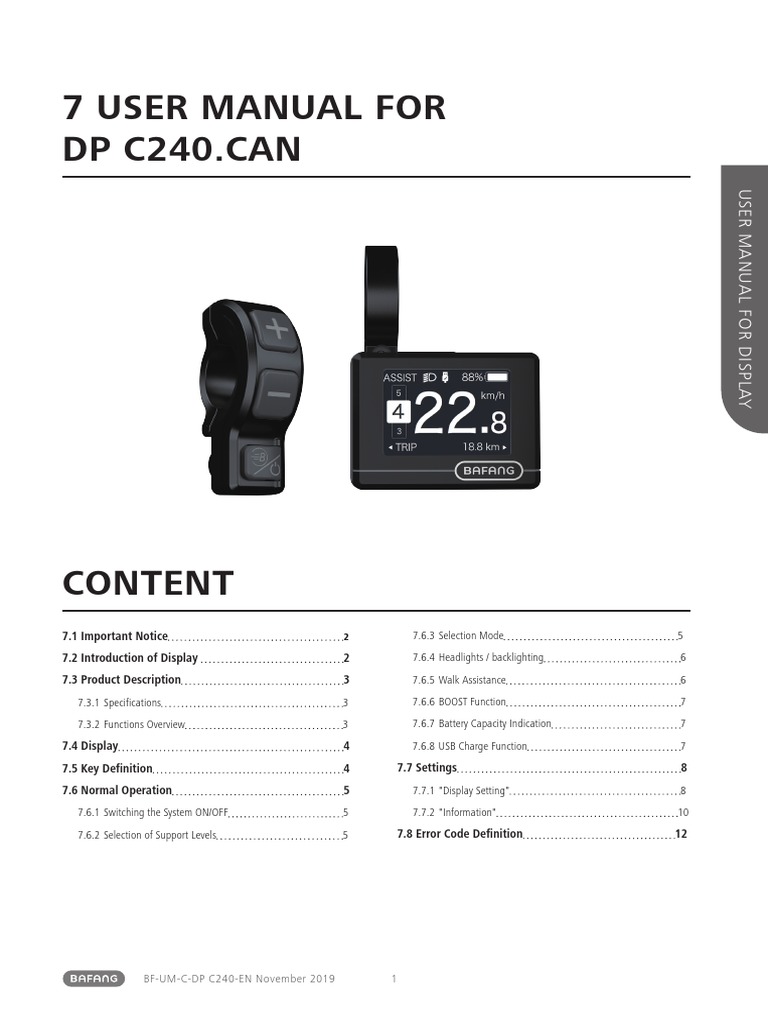 7 User Manual For DP C240.CAN: 7.1 Important Notice 2 7.2 Introduction of Display 2 7.3 Product ...
