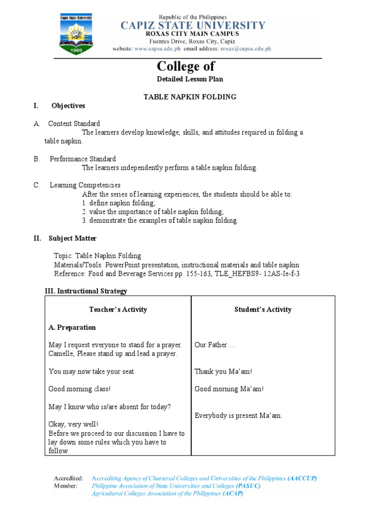 EARLEEN FINAL DEMO NAPKIN FOLDING Skilled LESSON PLAN | PDF | Learning ...